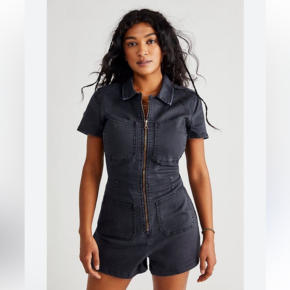 Free People Crvy Lennox Shortsuit Black Denim Romper … - Gem